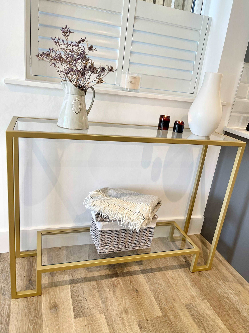 Glass Metal Console Table Matte Gold Frame UK — Rose And Walker
